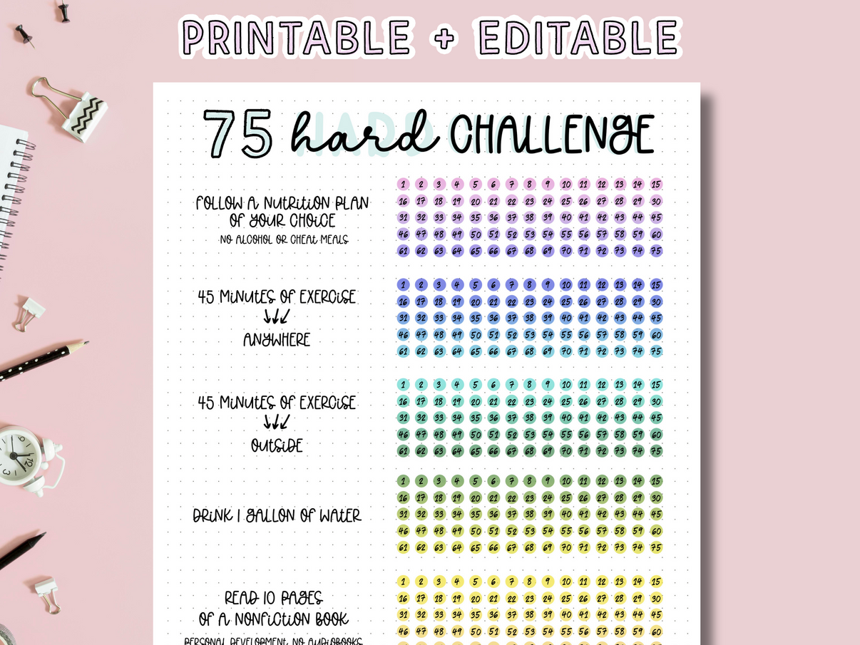 75 Hard Challenge Tracker - Editable PDF – Lovely Planner