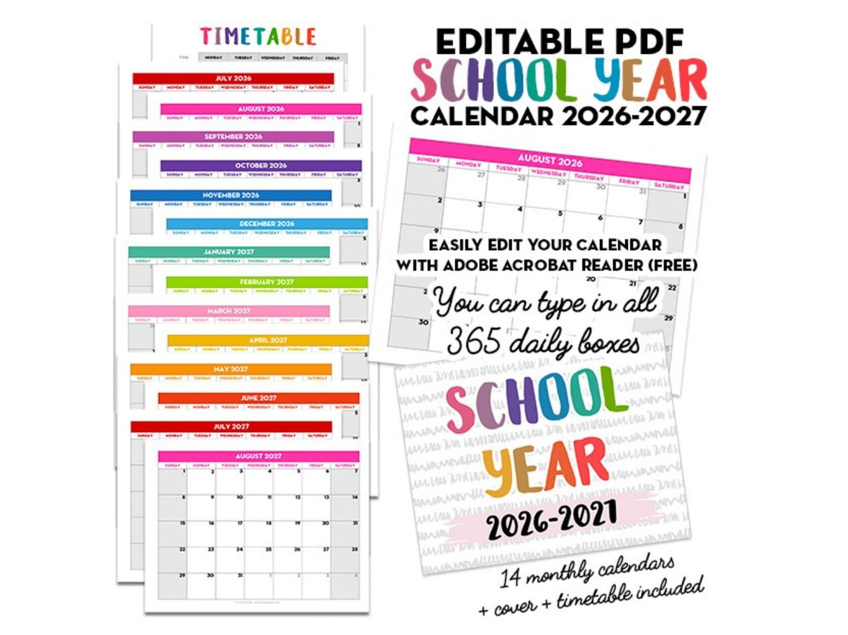 EDITABLE PDF - 2026-2027 Monthly School Calendar – Lovely Planner