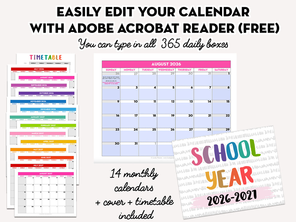 EDITABLE PDF - 2026-2027 Monthly School Calendar – Lovely Planner