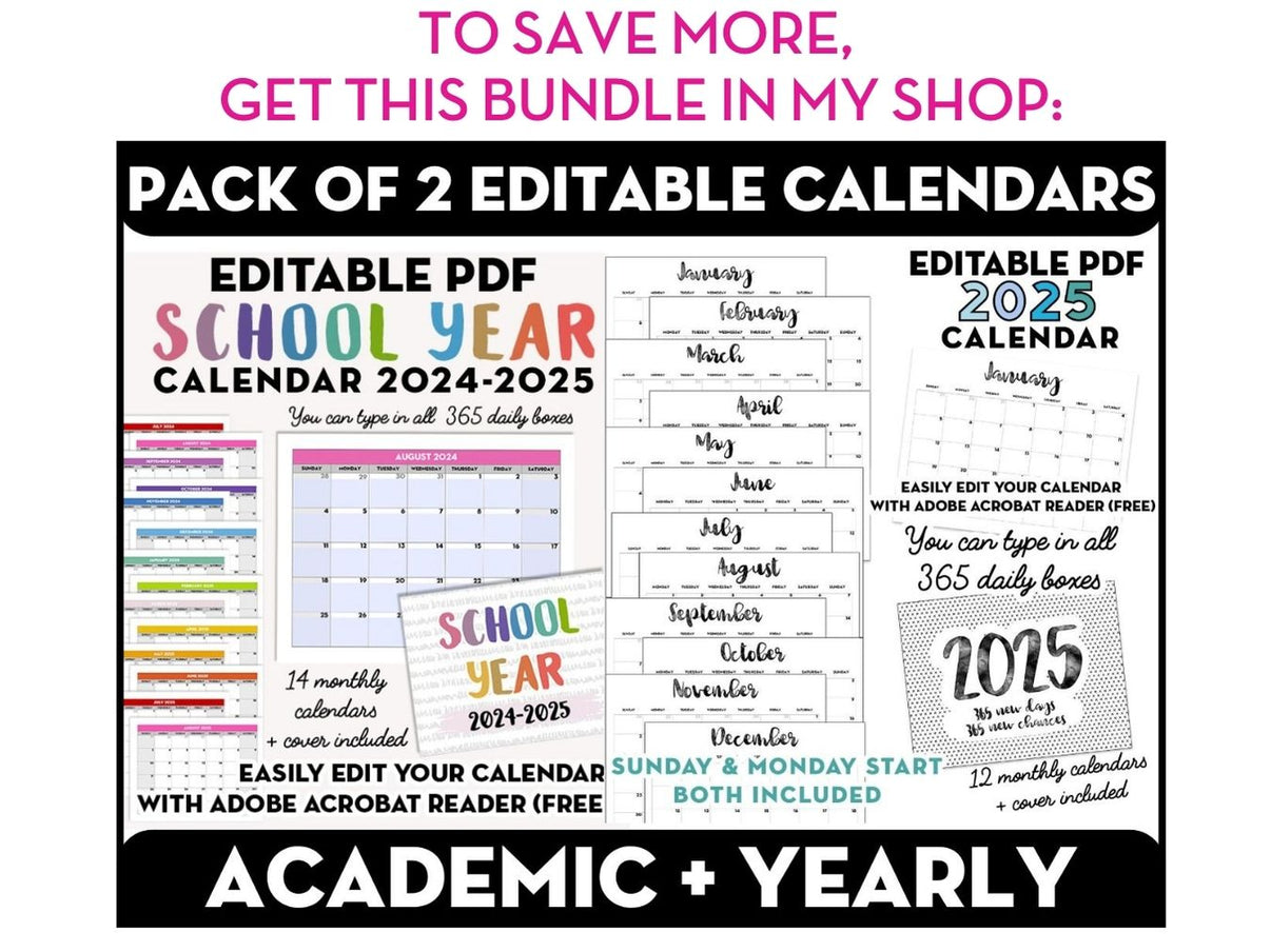 EDITABLE PDF - 2024-2025 Monthly School Calendar – Lovely Planner