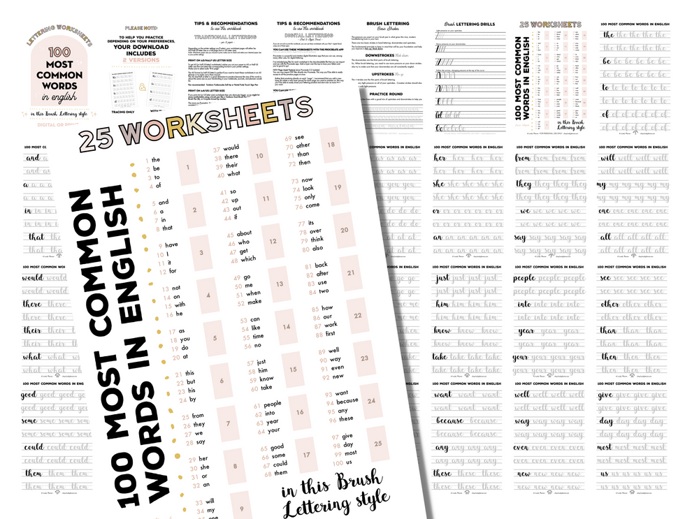 Top 100 Most Used Words | Lettering Practice Sheets for Procreate and ...