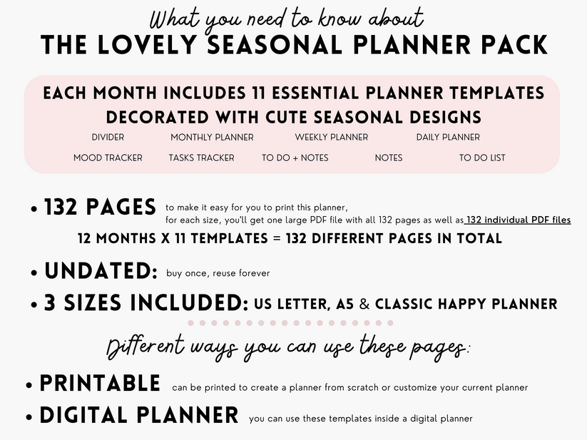 The Seasonal Planner Pack - 132 Pages: 12 Months of Cute Planner Pages ...