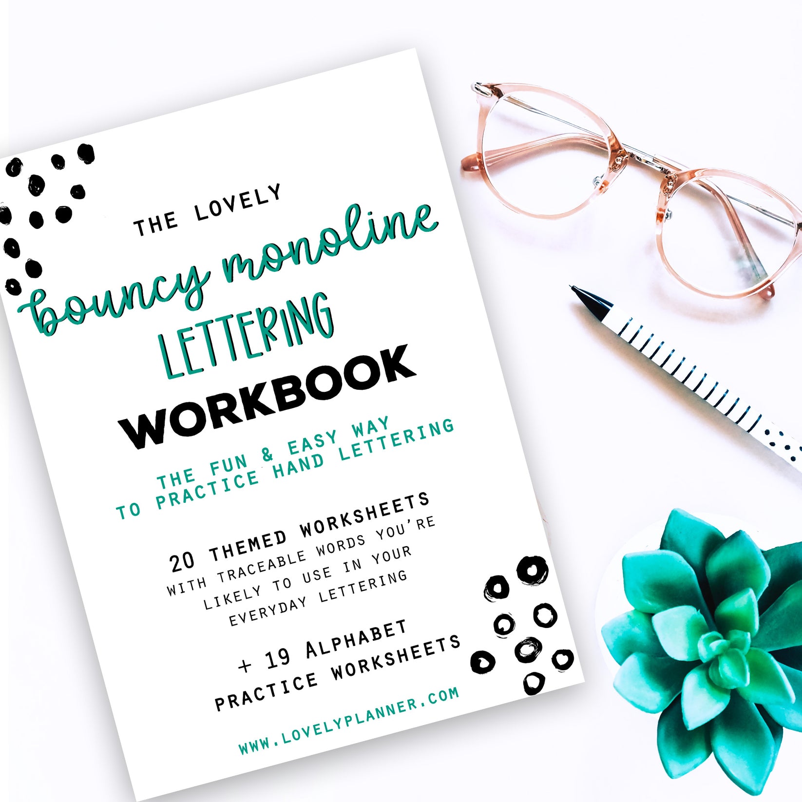 Bounce Monoline Script Lettering - 40 Practice Worksheets – Lovely Planner