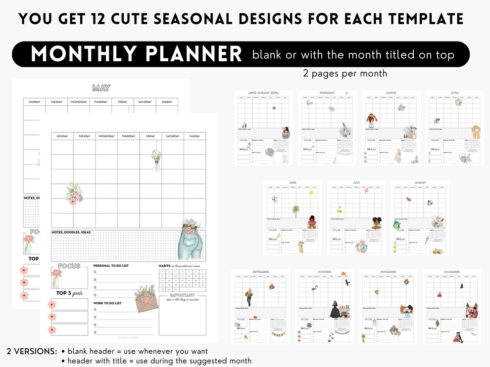 The Seasonal Planner Pack - 132 Pages: 12 Months of Cute Planner Pages ...